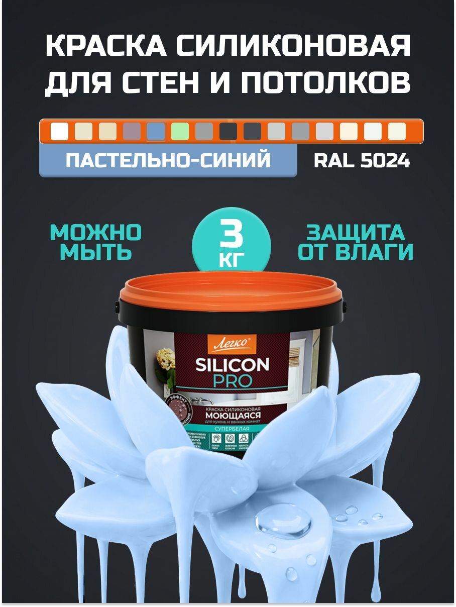 Силиконовая моющаяся краска для стен и обоев Легко, для ванной комнаты, матовая, RAL 5024 Пастельно-синий, 3 кг