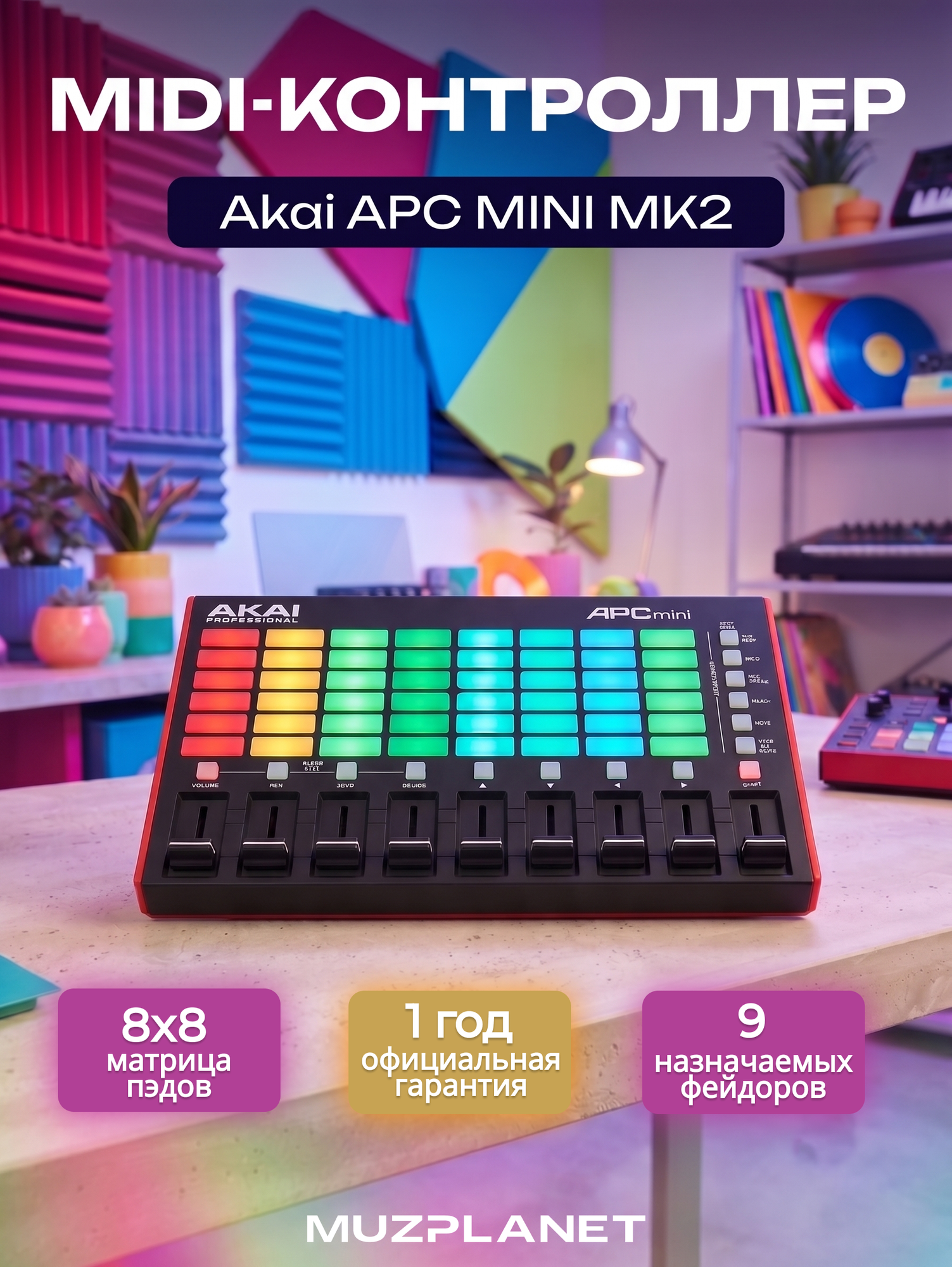 MIDI-контроллер AKAI APC MINI MK2, пэды с подсветкой RGB, 64 шт, 8 x 8
