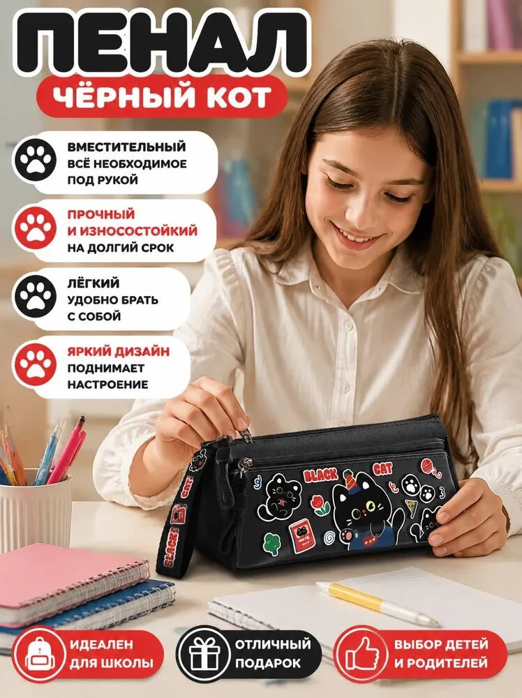 Пенал треугольный вместительный, черный, с милым мультяшным котом и ручкой