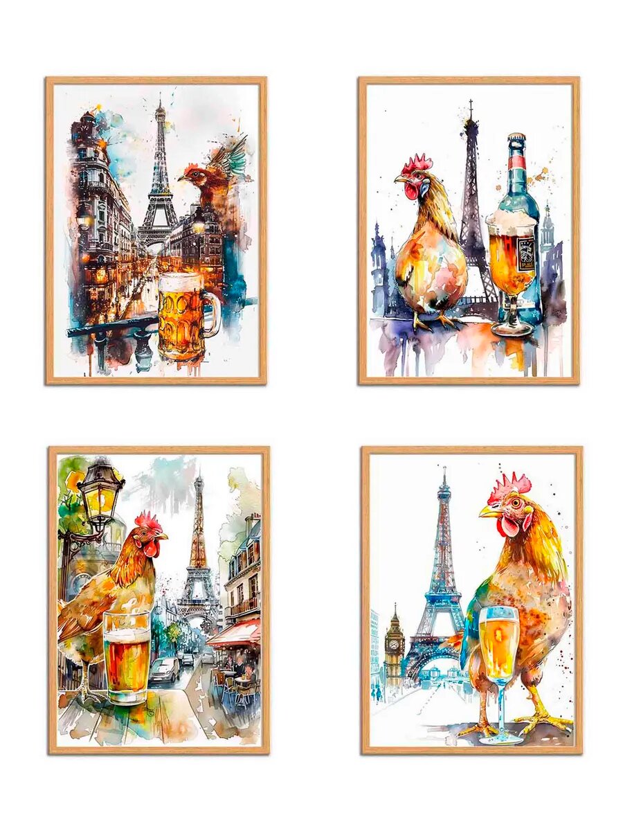 Птица курица Пьет Пиво, 4 Плаката, 30x21см