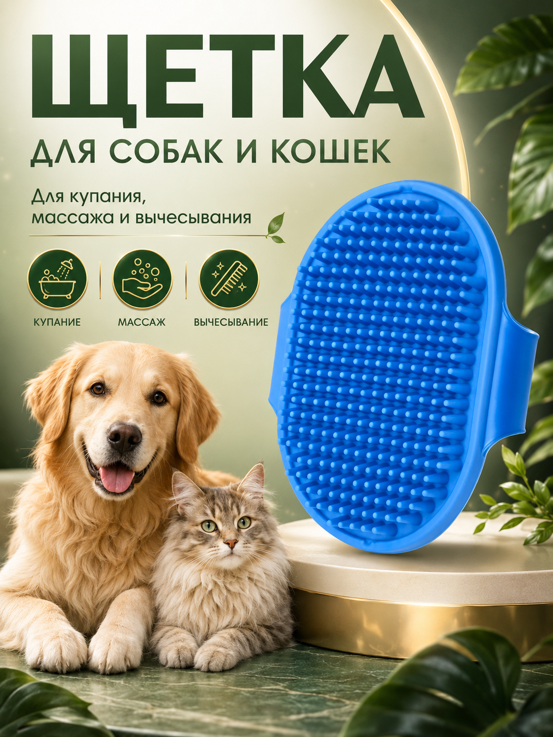 Щетка массажная для домашних животных, Силиконовая щетка для вычесывания шерсти кошек и собак, Синий