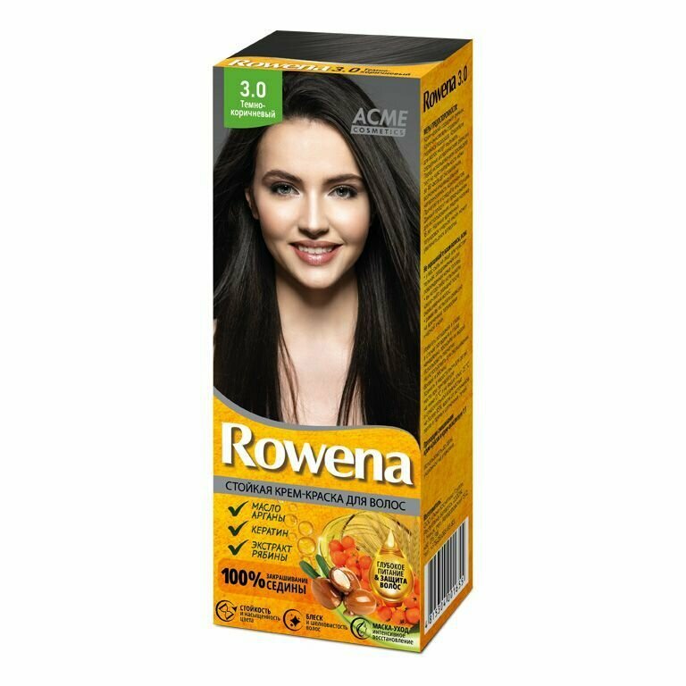 ROWENA Стойкая Крем - Краска ROWENA для волос аммиачная, тон 3.0 Тёмно-коричневый