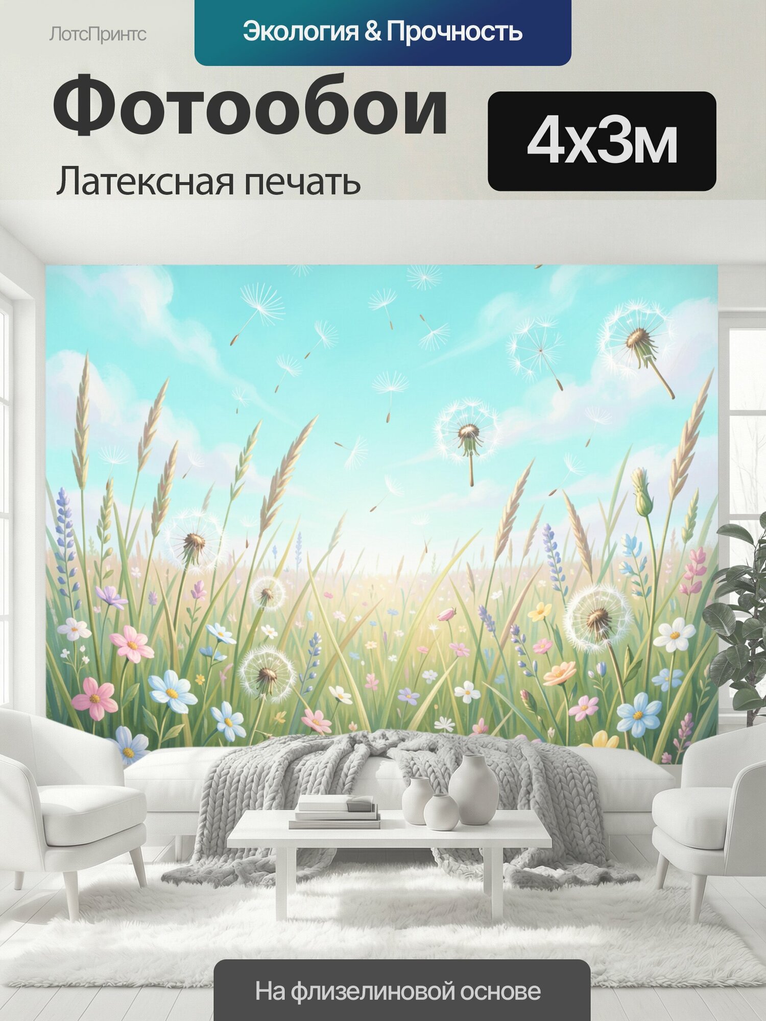 Фотообои моющиеся ударопрочные "Цветущий луг с одуванчиками. Нежный пасторальный пейзаж: разнотравье, ромашки, васильки и колокольчики под." 400x300 см. латексная печать