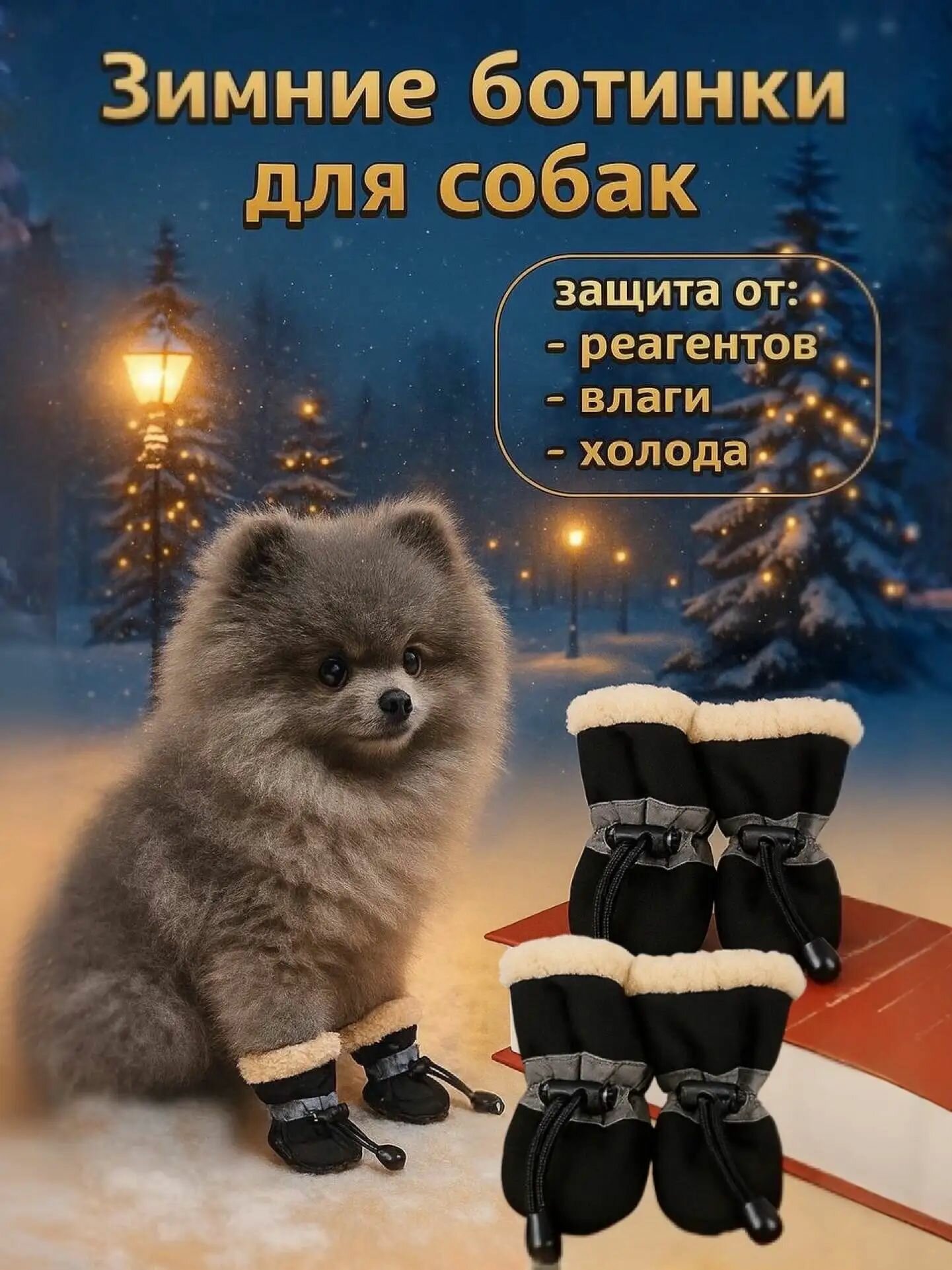 Непромокаемые ботинки для собак с мехом/размер 2 (4 см) чёрный