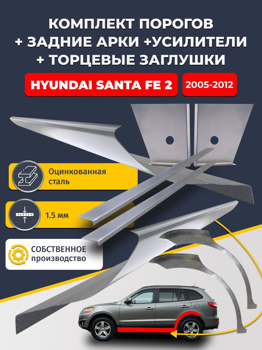 Комплект ремонтных задних арок (0,8 мм) и стандартных порогов + торцевые заглушки + усилители, на Hyundai Santa Fe 2 2005-2012 (Хендай Санта Фе 2). Оцинкованная сталь 1,5 мм