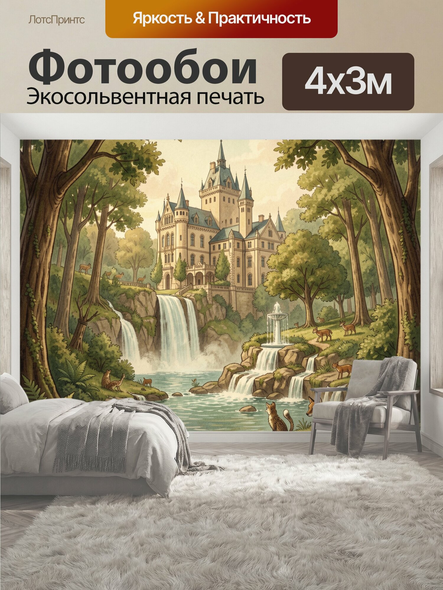 Фотообои "Лесной водопад у замка. Живописная сцена: величественный замок на фоне леса и озера, каскад водопадов, фонтан, олени, лисы и белки." 400x300 см. экосольвентная печать