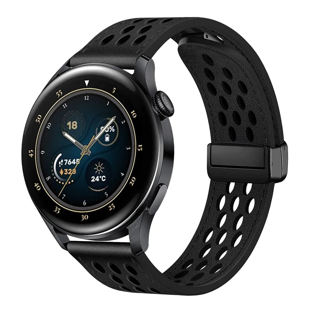 Кожаный дышащий ремешок для 22мм смарт-часов Honor Watch Gs 3/ 4/ pro, GS 3i 46мм, с перфорацией и складной магнитной застёжкой в модном спортивном стиле, 5 цветов на выбор.