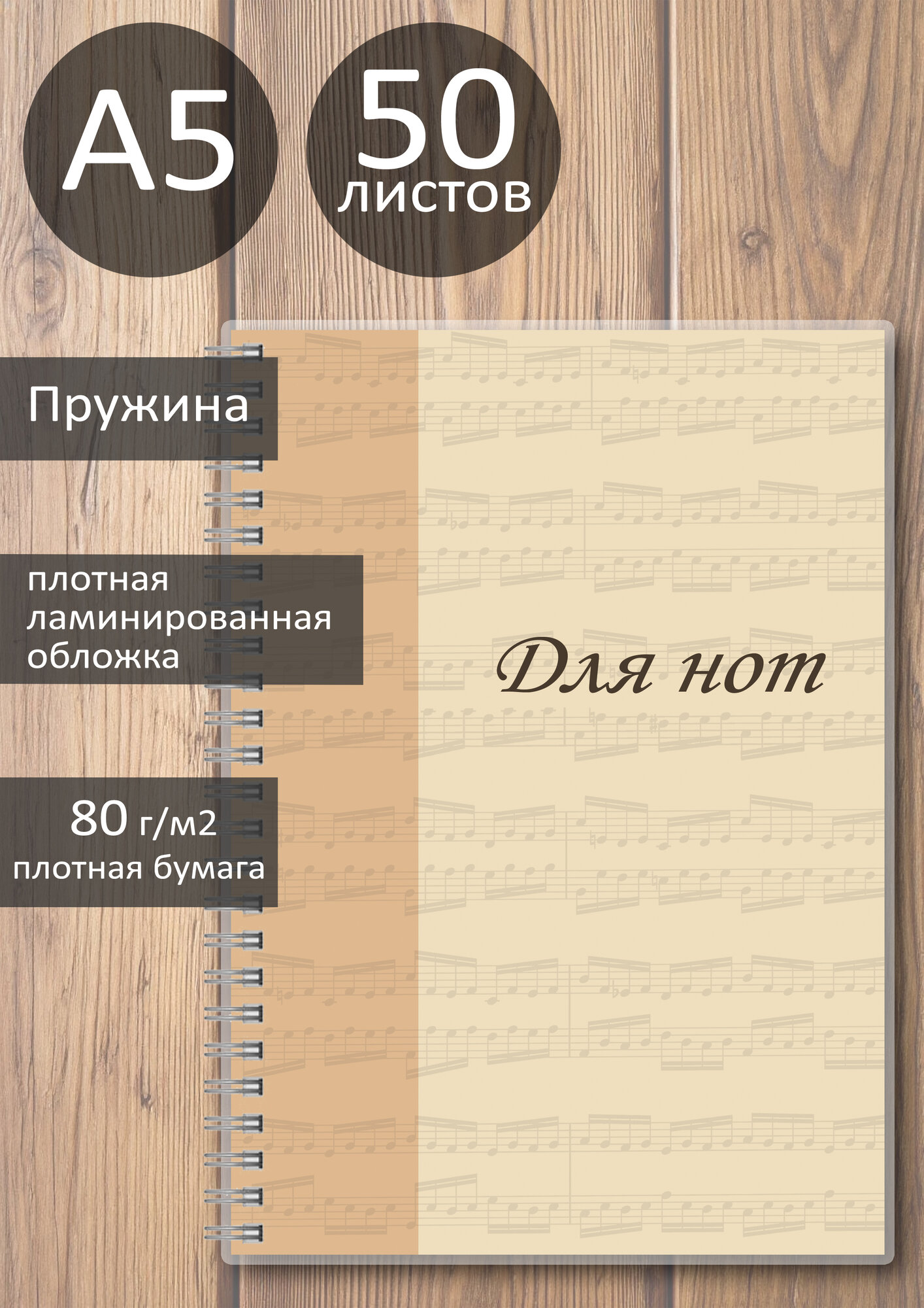 Нотная тетрадь А5, 50л. Пружина, ламинированная обложка.