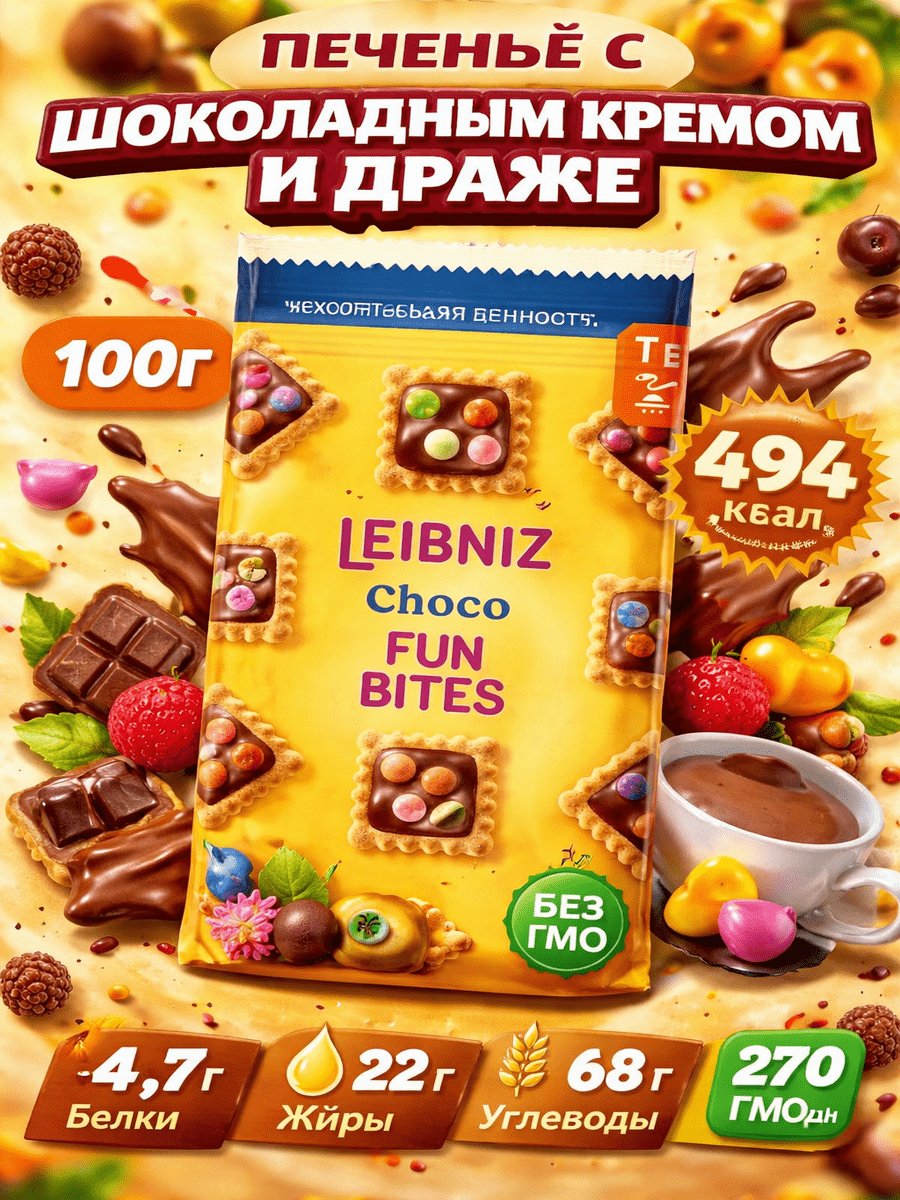 Печенье Leibniz с шоколадным кремом и драже, 100г