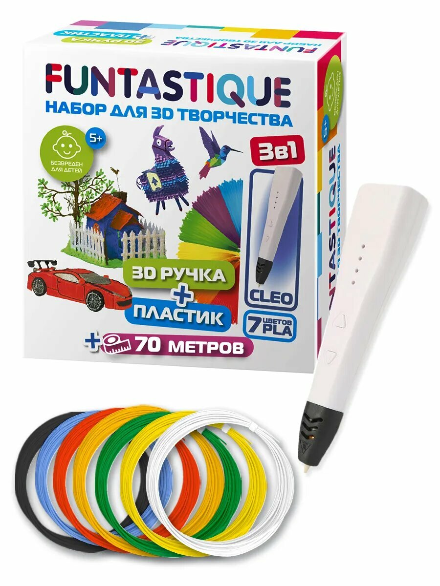 Набор 3D-ручка FUNTASTIQUE CLEO (Белый)+PLA-пластик 7 цв.
