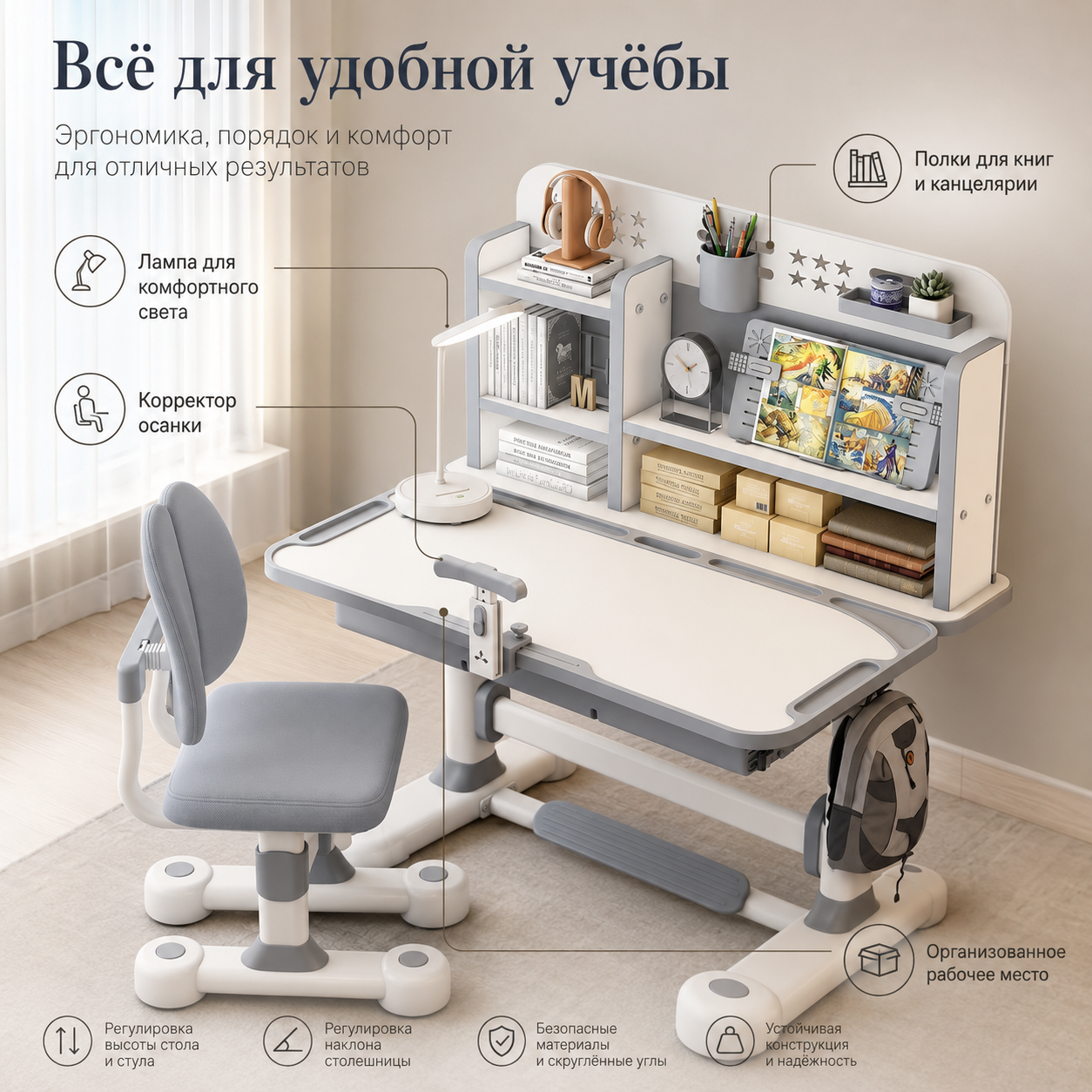 Комплект парта + стул Эргономичный комплект детской парты и стула с регулировкой высоты дома, наклонная столешница — фото 1