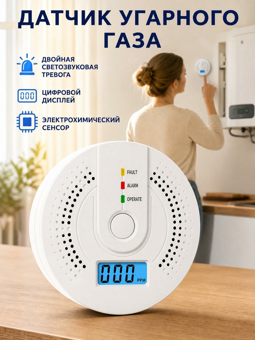 Сигнализация по угарному газу, детектор CO без батареи