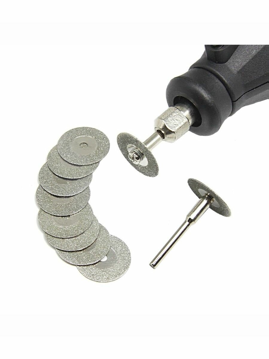 Алмазный диск для гравера TASP 20 мм 10 шт, для гравёра типа Dremel, с оправкой 3.2 мм 2 шт. Пильный круг с алмазным напылением. алмазный режущий круг набор для гравёра