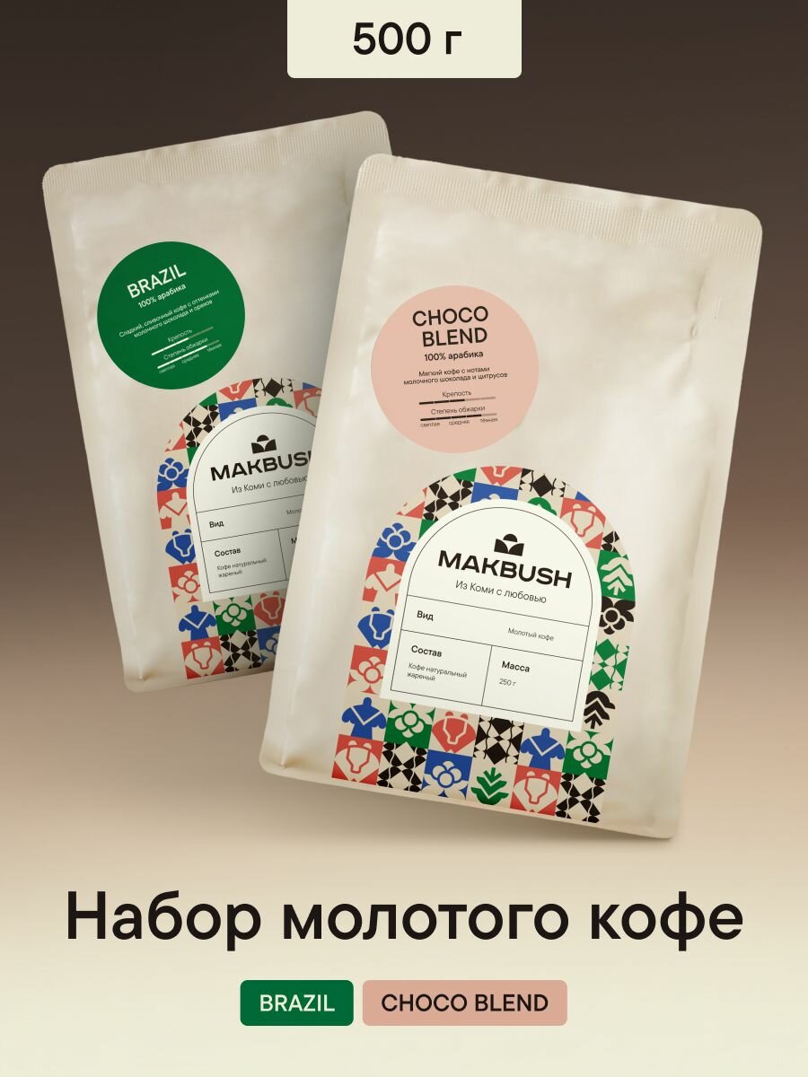 Набор кофе MakBush (2шт х 250г) Кофе молотый BRAZIL и CHOCO BLEND, натуральный, арабика, средний помол