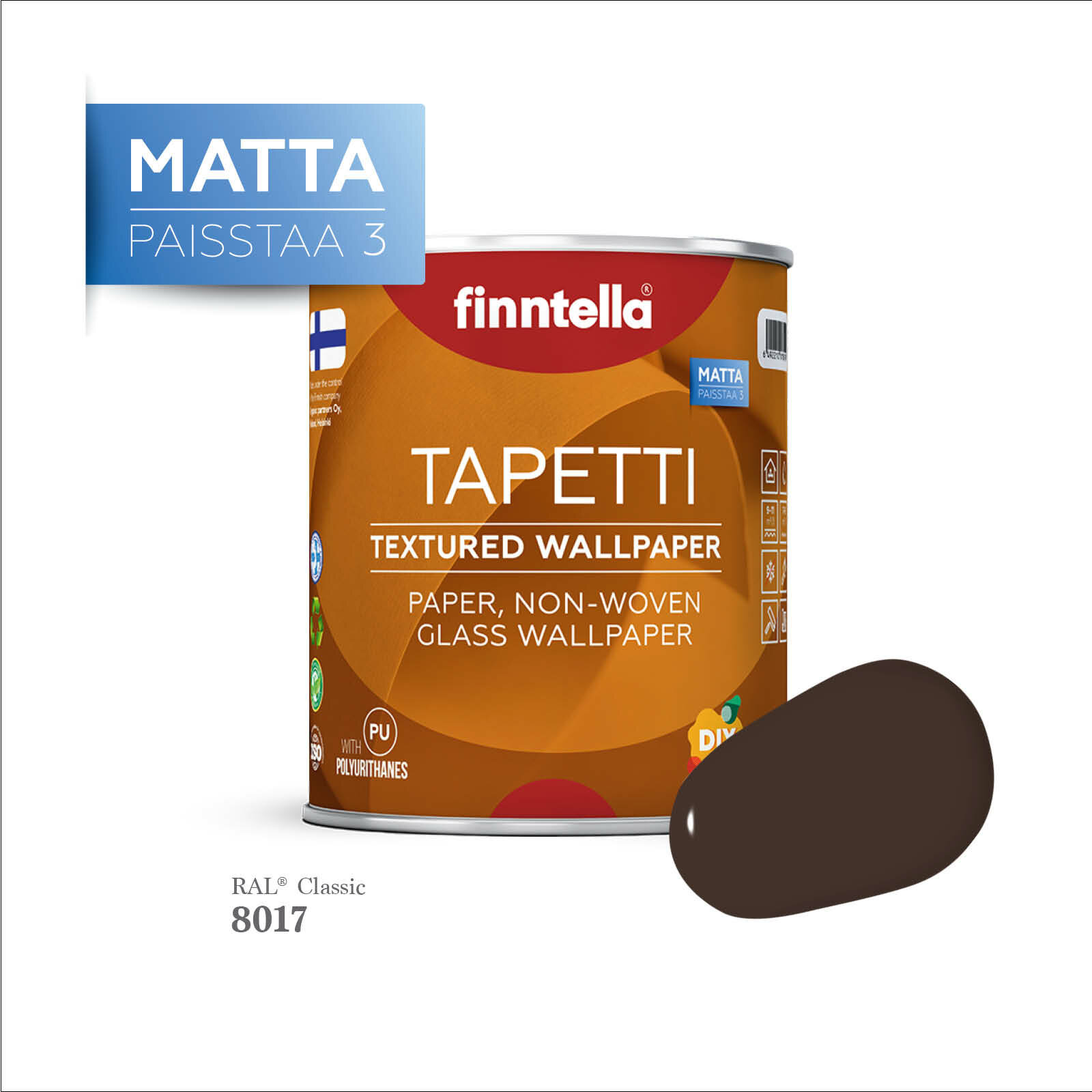 Матовая краска для обоев под окраску TAPETTI Matta FINNTELLA, Цвет RAL 8017 Шоколадно-коричневый (Chocolate brown), 0,9л