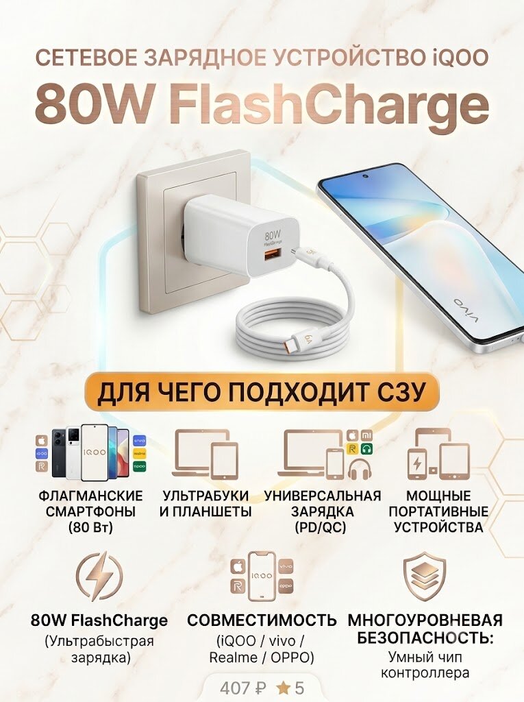 Быстрое зарядное устройство для IQOO / Vivo, FlashCharge 80W + Кабель Type C.