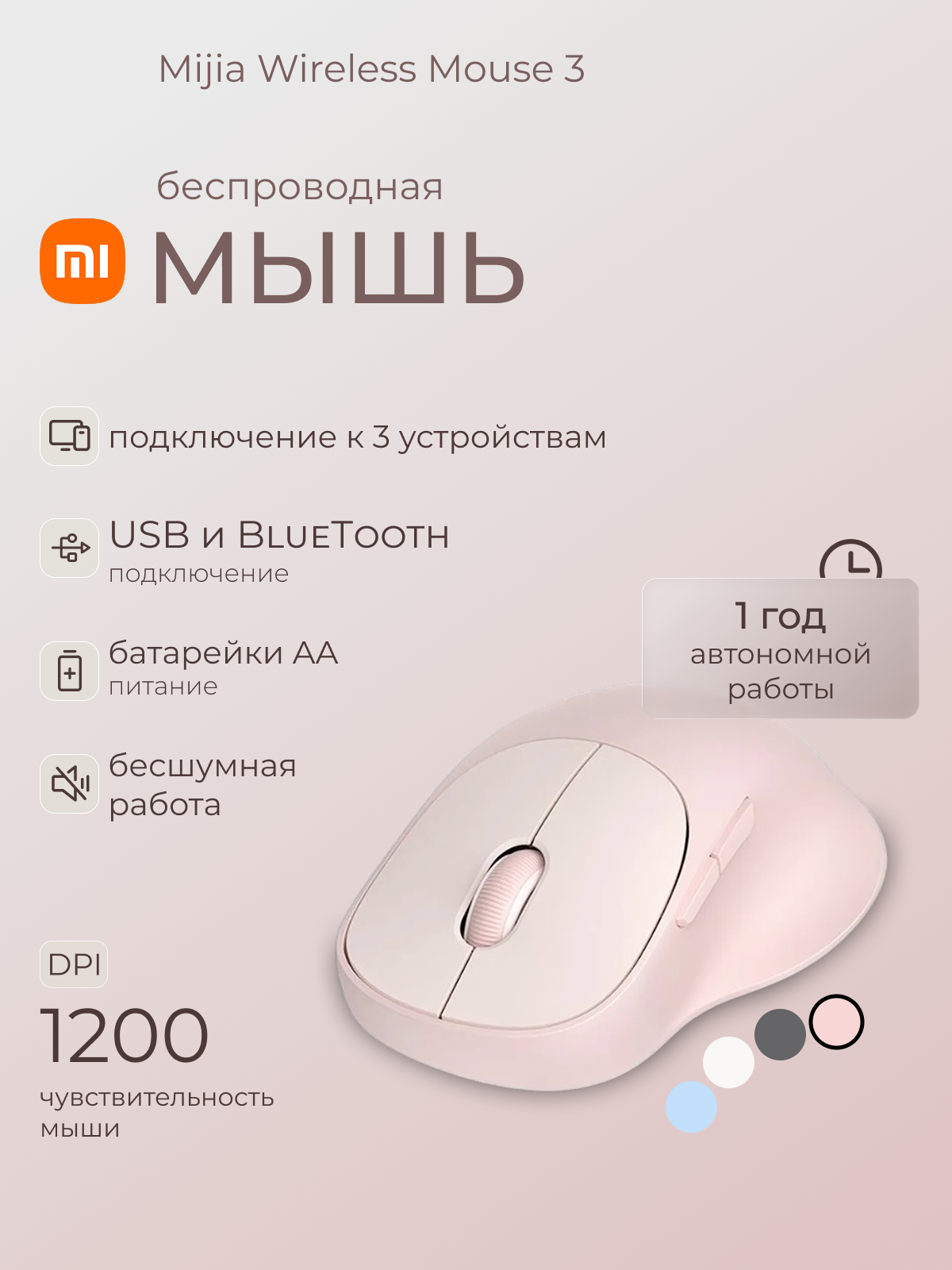 Беспроводная мышь Mijia Wireless Mouse 3 Colorful Comfort Edition (XMWXSB03EYM) Pink