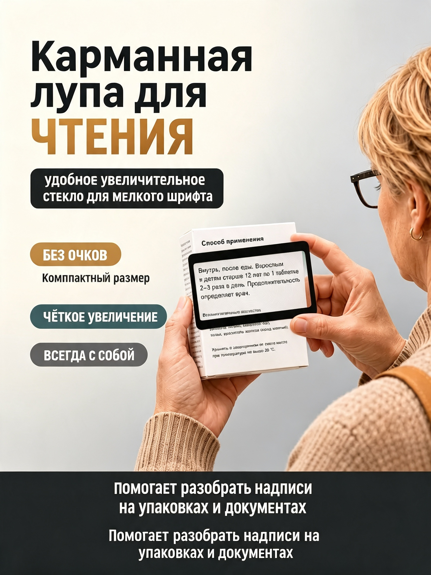 Карманная лупа для чтения, увеличительное стекло для мелкого шрифта, компактная, чёткое увеличение, всегда с собой