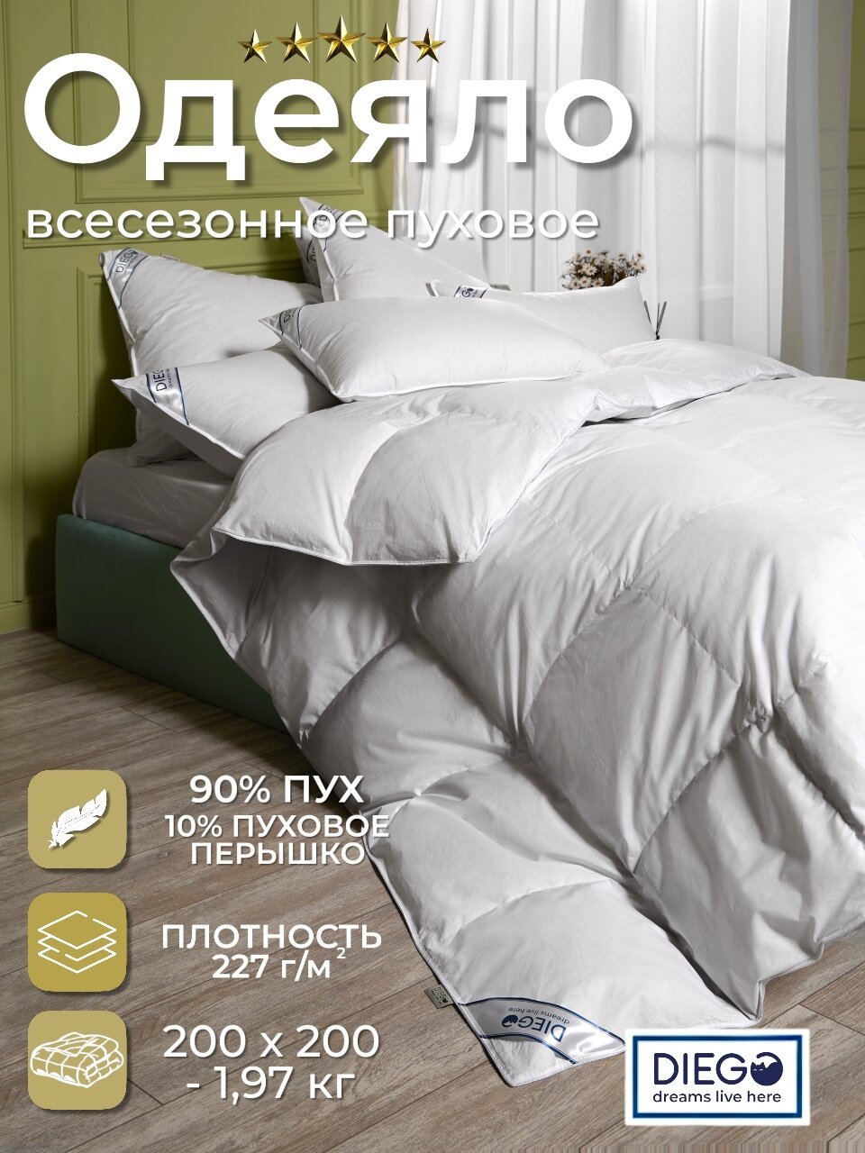 Одеяло 2 спальное 200х200 пух перо всесезонное мягкое теплое лёгкое Диана от Diego (Цвет товара: белый; Размер, см: 200 х 200; Размерность: евростандарт)