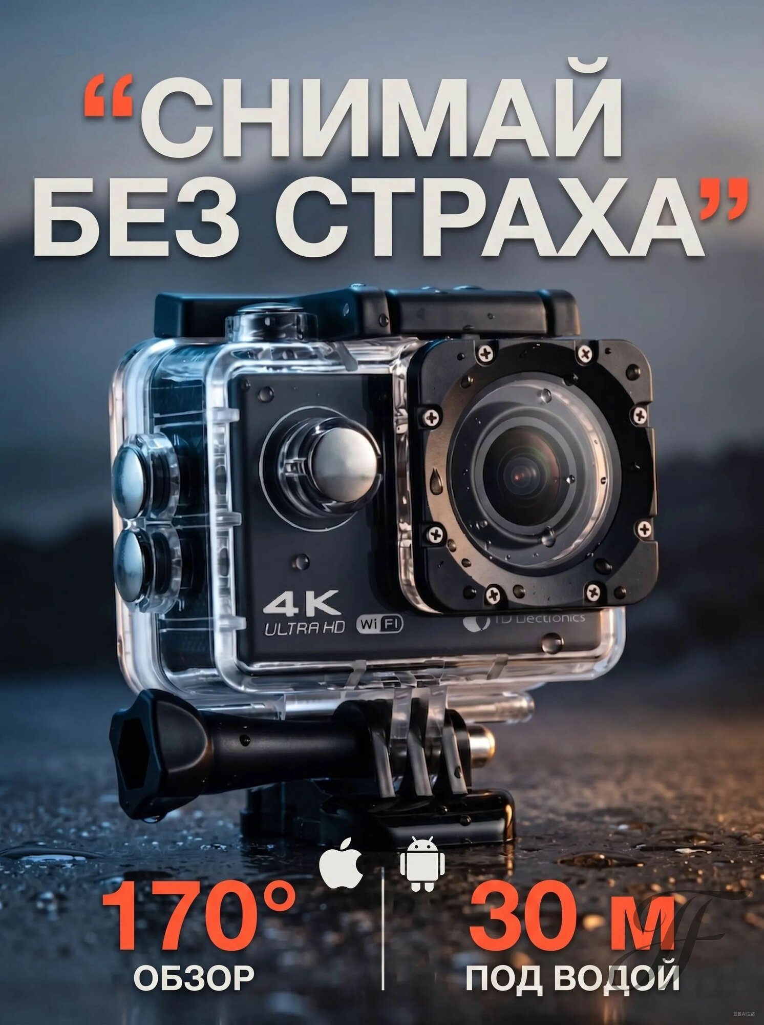 Экшен камера 4К водонепроницаемая с креплениями и защитным кейсом