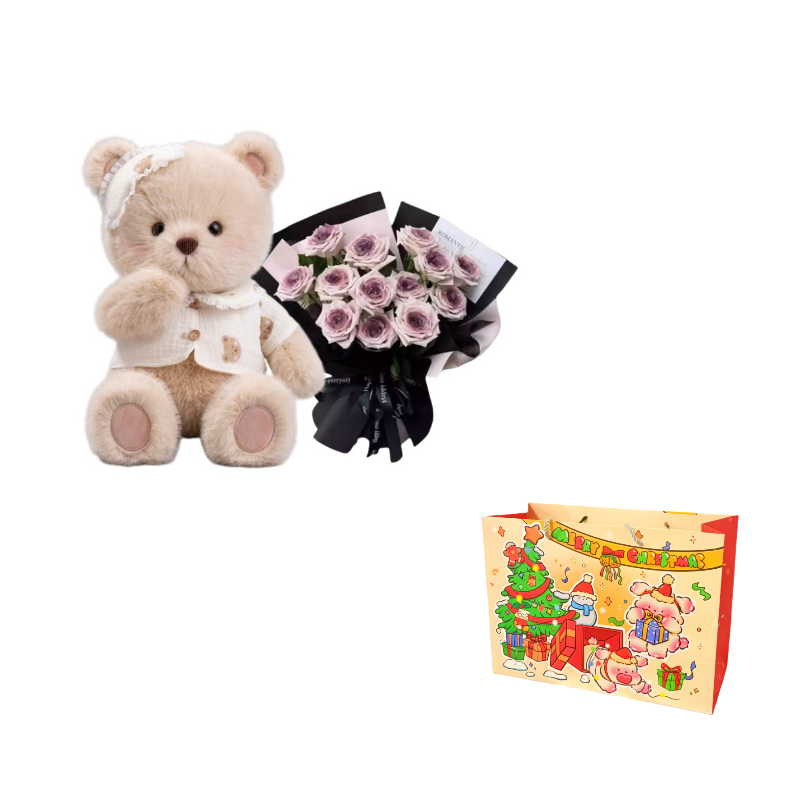 Новогодний подарочный пакет унисекс CHUNTUSHU с мишками, 45 см, Healing Bear+Dark Plum Sauce Bouquet