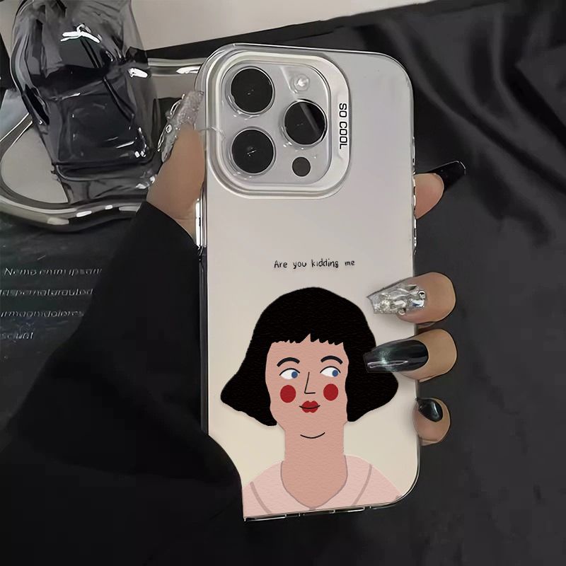 Чехол на Айфон 14 Про / iPhone 14 Pro белый с девушкой с короткими черными волосами, премиальный ударопрочный чехол антицарапинный защитный от ударов и царапин