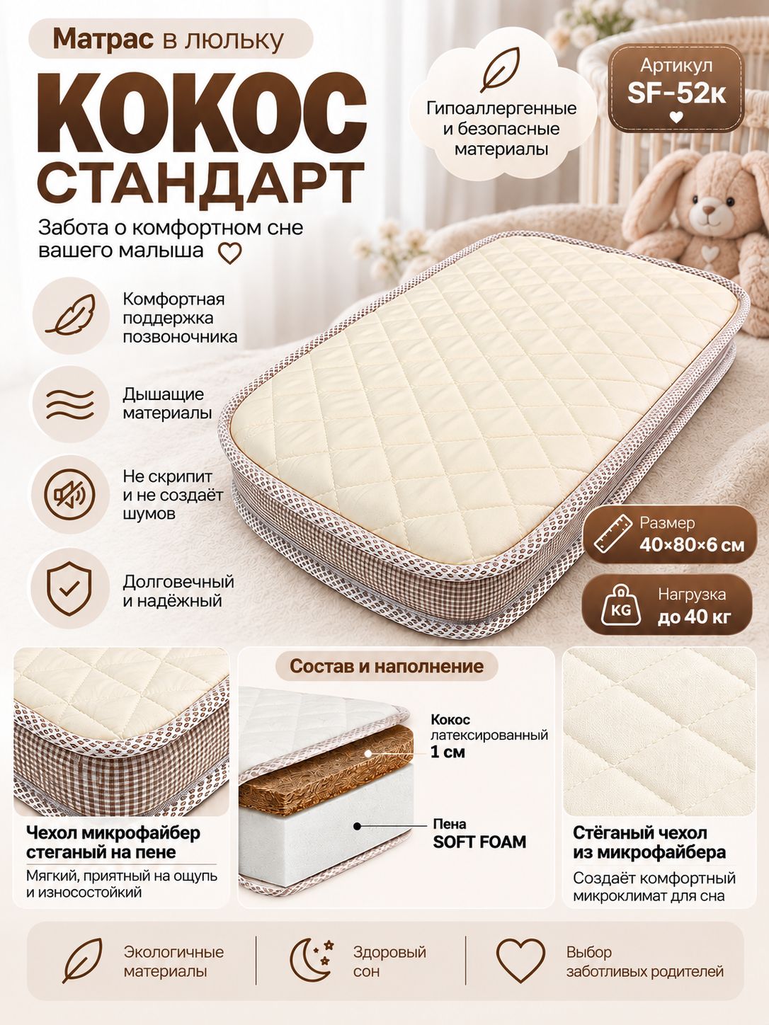 Матрас Кокос Стандарт в люльку 80*40*6 см арт. SF-52к