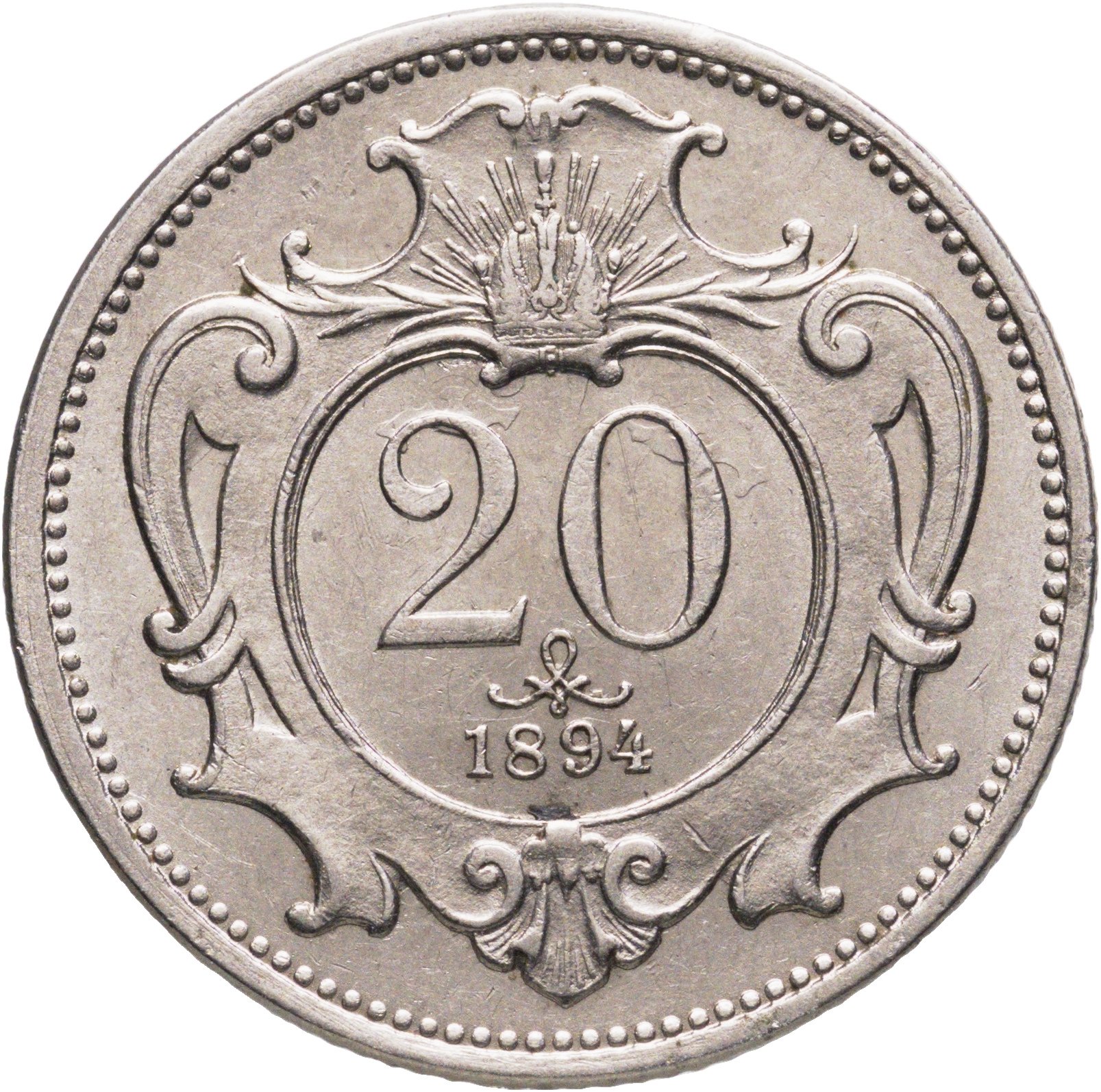 Австрия 20 геллеров heller 1894, Никель, в сохранности UNC