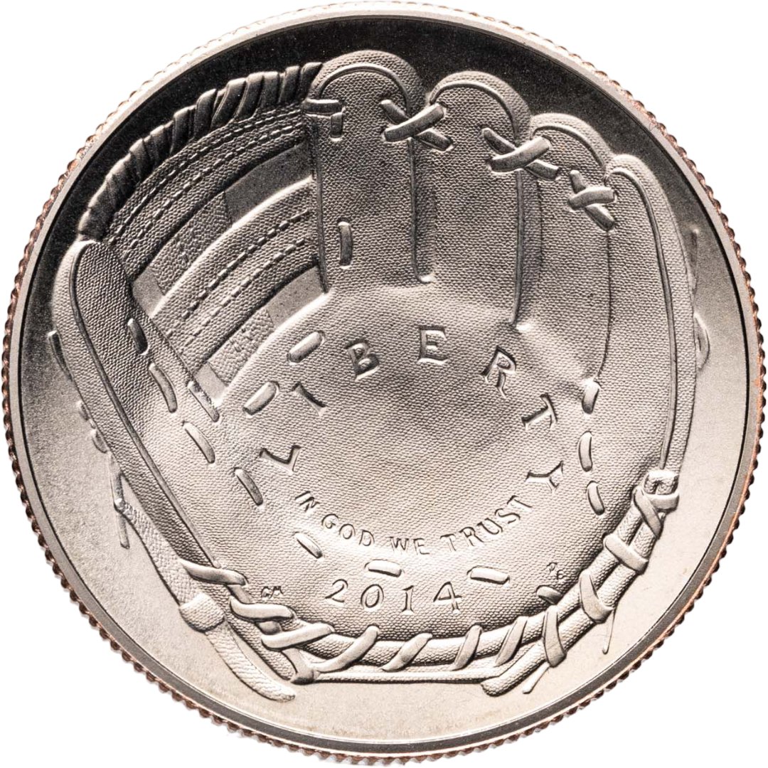 США 50 центов 1/2 доллара, half dollar 2014 "Национальный зал славы бейсбола", знак монетного двора: "D" - Денвер, Медь, в сохранности UNC
