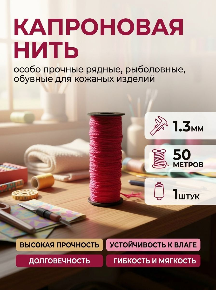 Нитки капроновые 50м Малиновый, Нить особо прочные рядные, рыболовные, обувные для кожаных изделий, 1штук