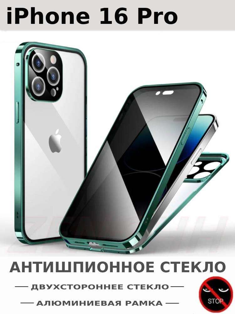 Чехол для iPhone 16 Pro, Антишпионский и Двустороннее стекло, Алюминиевая рамка и Магнитный, Зелёный