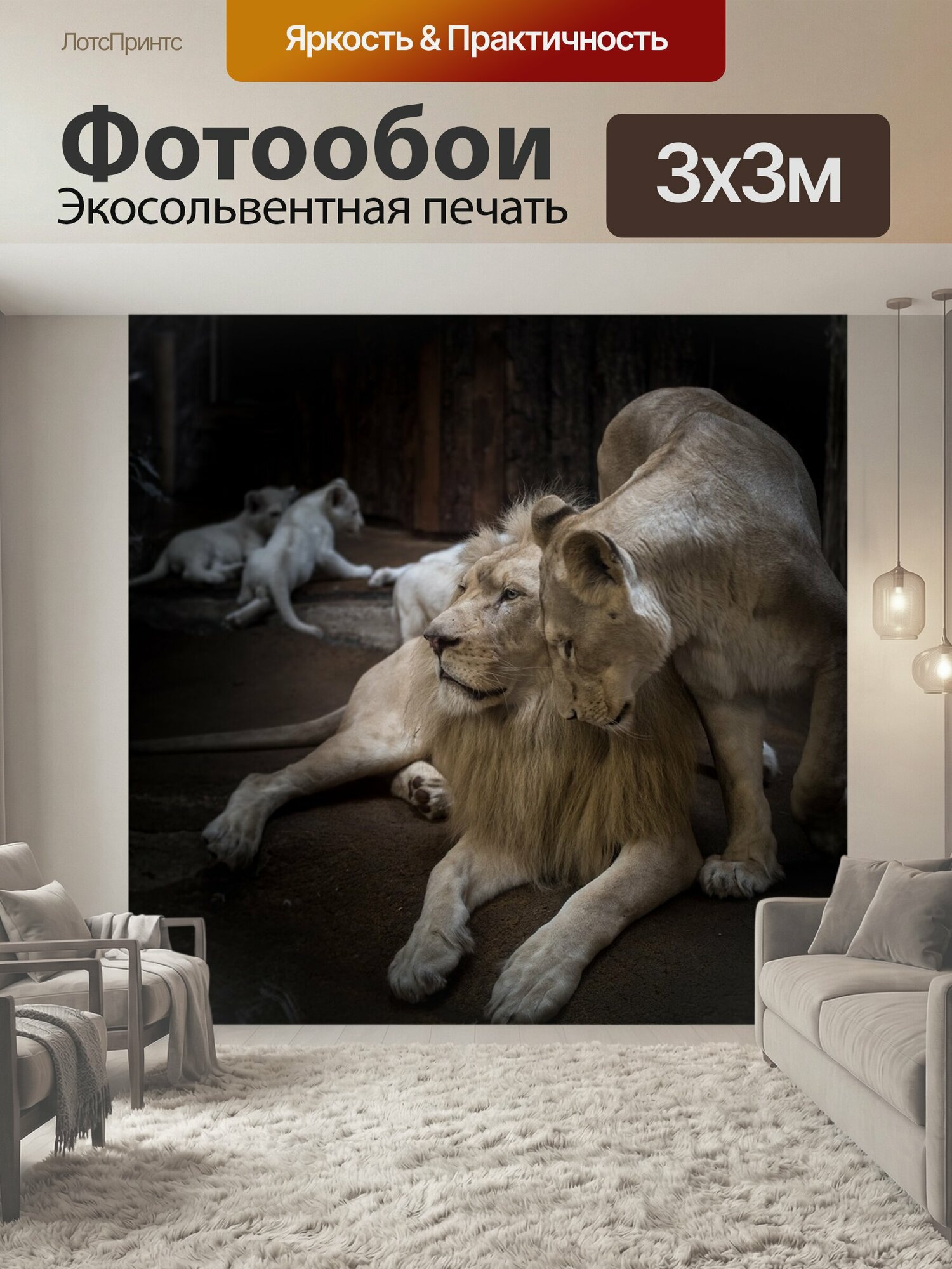 Фотообои "Лев, львица, белый лев" 300x300 см. экосольвентная печать