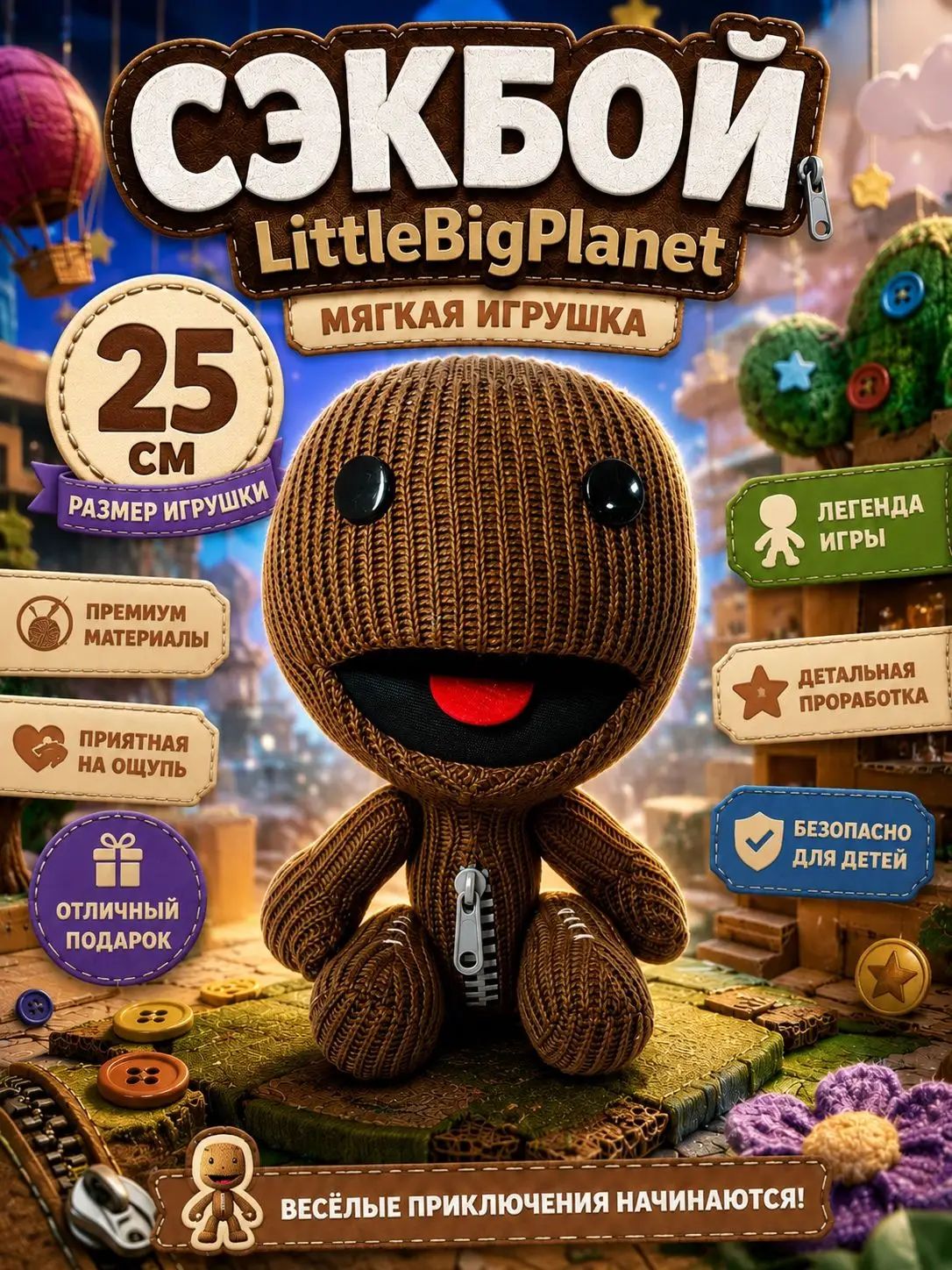 Мягкая игрушка Сакбой (Sackboy) из игры LittleBigPlanet, 25 см, вязаная текстура, подарок для геймеров