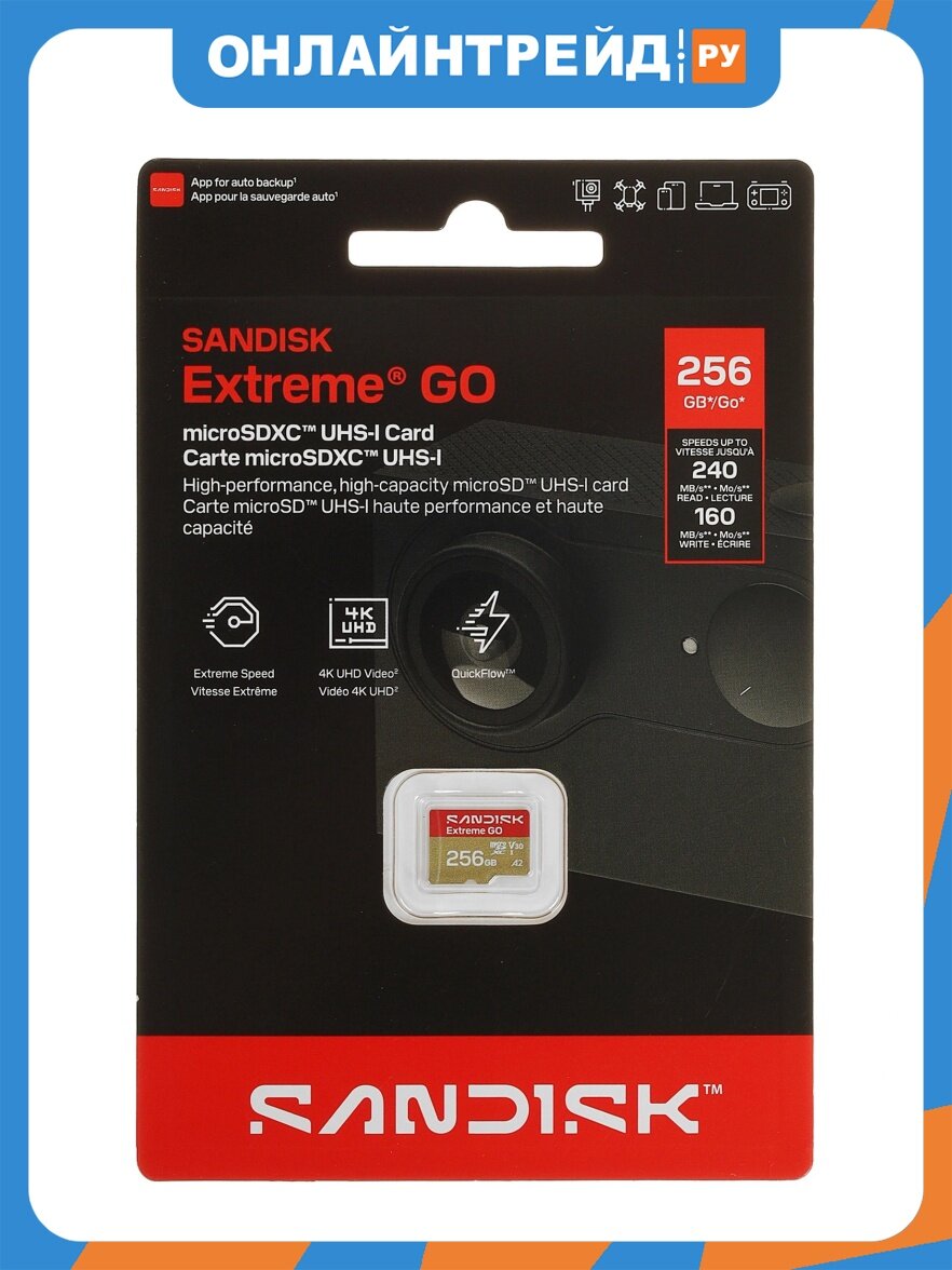 Карта памяти Sandisk Extreme Go 256Gb microSDXC UHS-I U3 V30 A2 (240/160 MB/s)