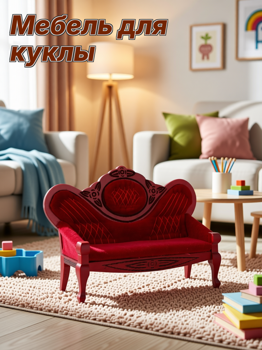 Красивый Миниатюрный Диван Для Кукольного Домика Темно-Красного Цвета Размер 14 00X10 00X4 30Cm