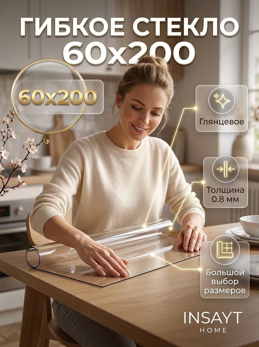 Гибкое стекло на стол 200х60 см прозрачное