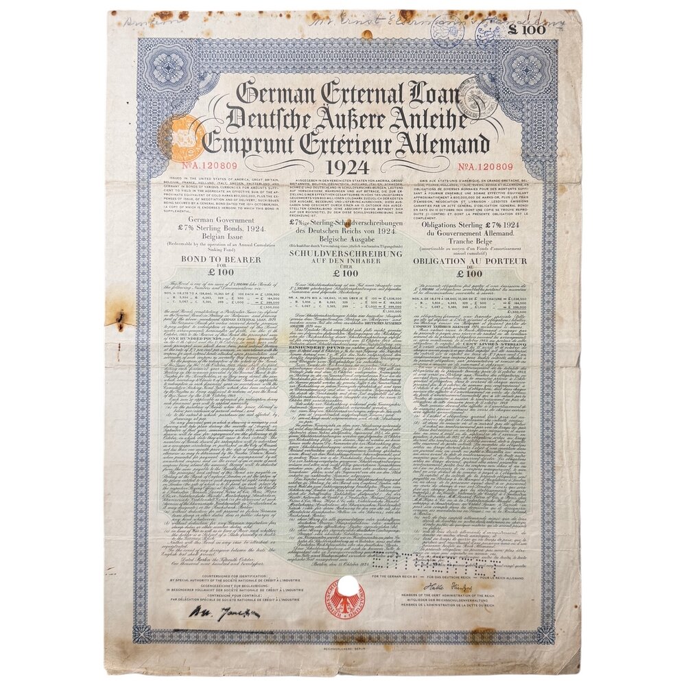 Веймарская республика, облигация внешнего займа на 100 фунтов 1924 г. (Серия A)