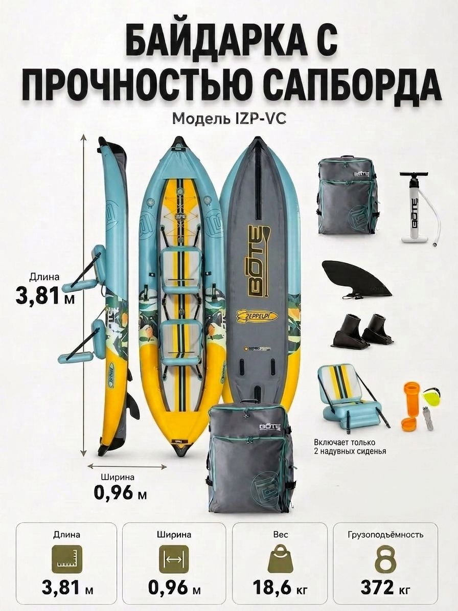 Байдарка двухместная каяк надувной лодка BOTE Zeppelin Aero 381х96см