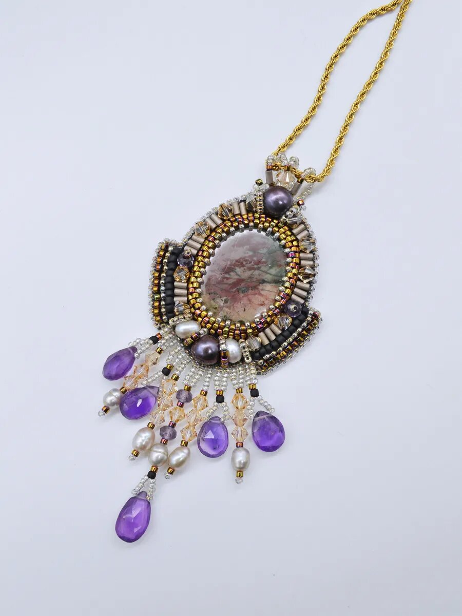 Колье, яшма, аметист, кристаллы Swarovski