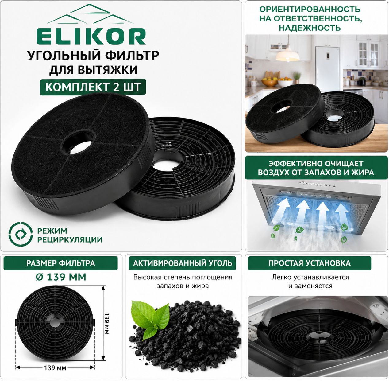 Угольный фильтр для вытяжки ELIKOR Ф-05 универсальный 139 мм 2 шт