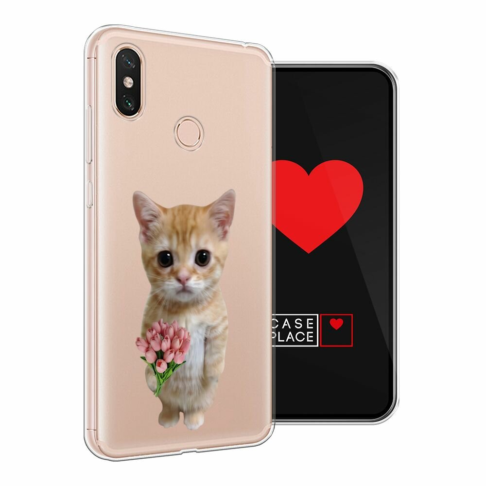 Чехол на Xiaomi Mi Max 3 / Сяоми Ми Макс 3 с принтом "Котик с букетом тюльпанов - 8 марта", прозрачный — фото 1