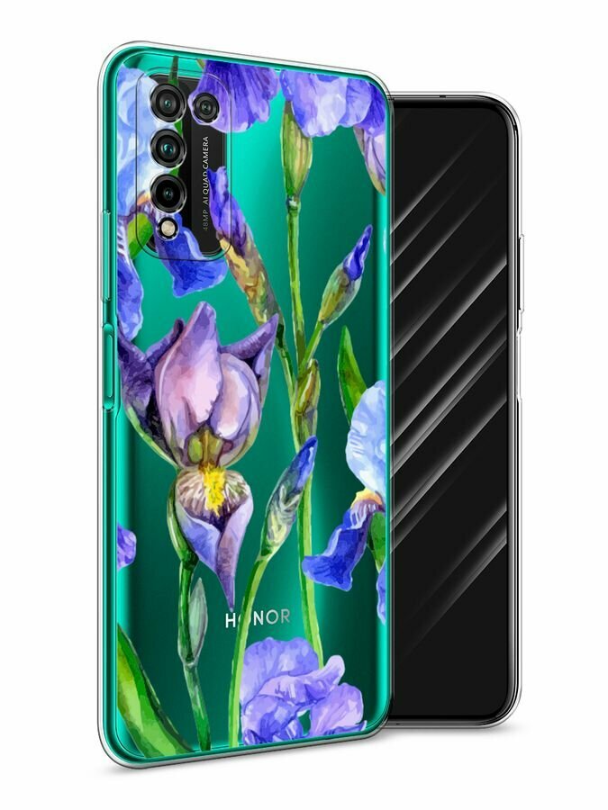 Чехол на Honor 10X Lite / Хонор 10X Лайт с принтом "Синие ирисы", прозрачный