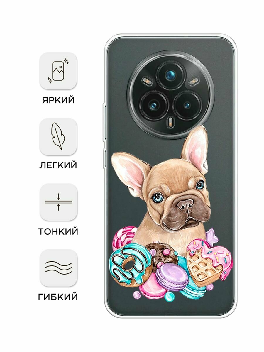 Чехол на Realme 14 Pro / Реалми 14 Про с принтом "Бульдог и сладости", прозрачный — фото 1