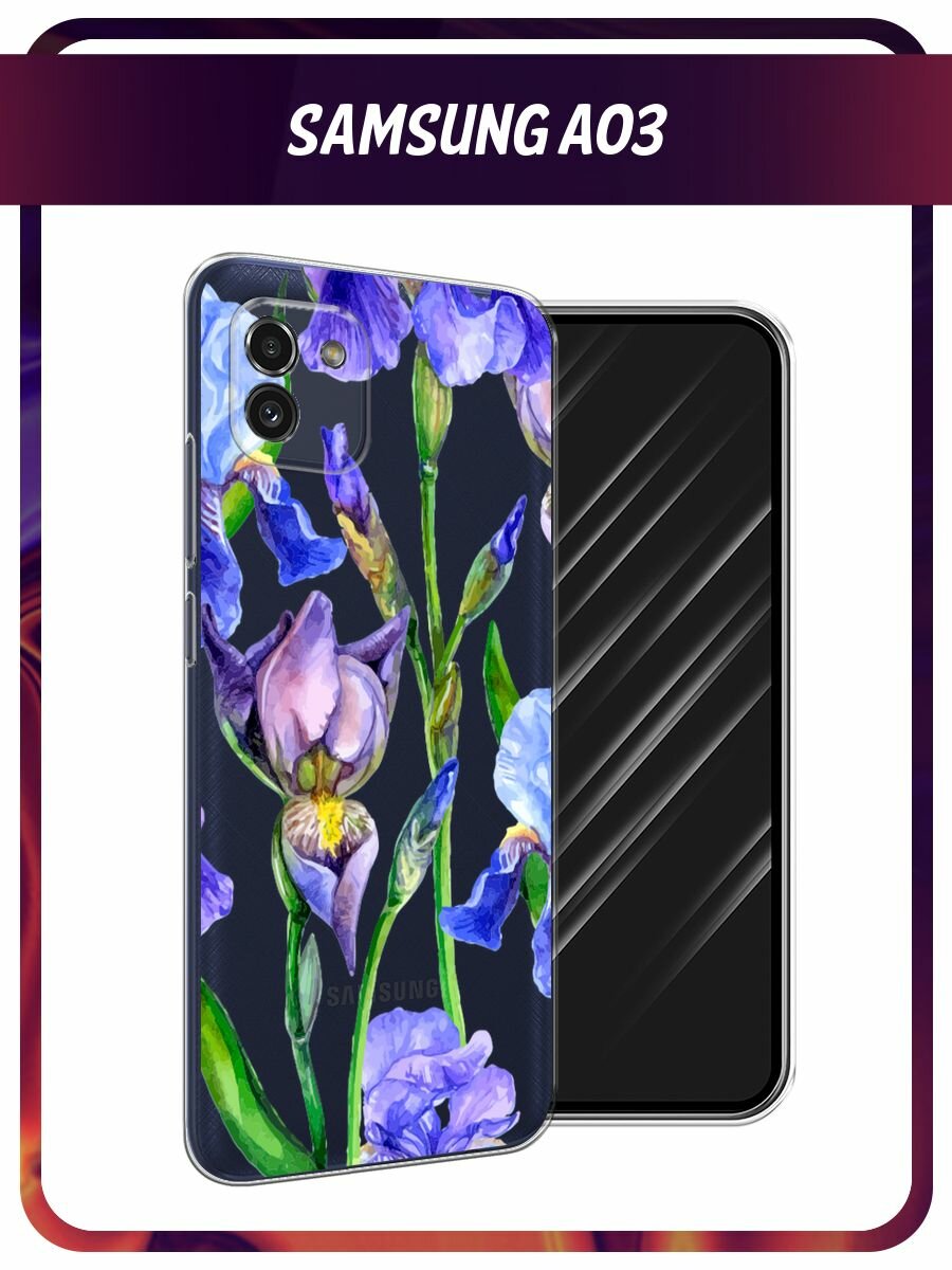 Чехол на Samsung Galaxy A03 / Самсунг Галакси А03 с принтом "Синие ирисы", прозрачный