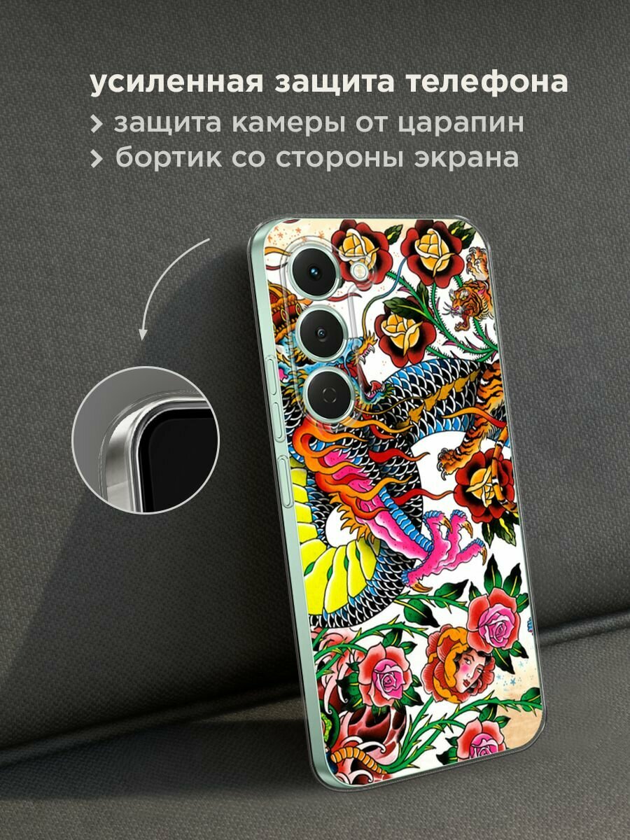 Чехол на Tecno Spark 40 Pro / Текно Спарк 40 Про с принтом "Дракон в цветах" — фото 1