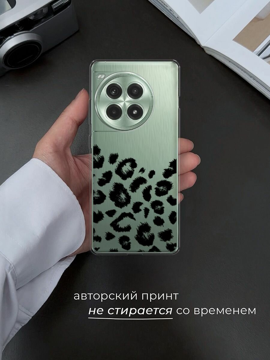 Чехол на OnePlus Ace 3 Pro / Ван Плас Эйс 3 Про с принтом "Окрас леопарда фон черный", прозрачный — фото 1