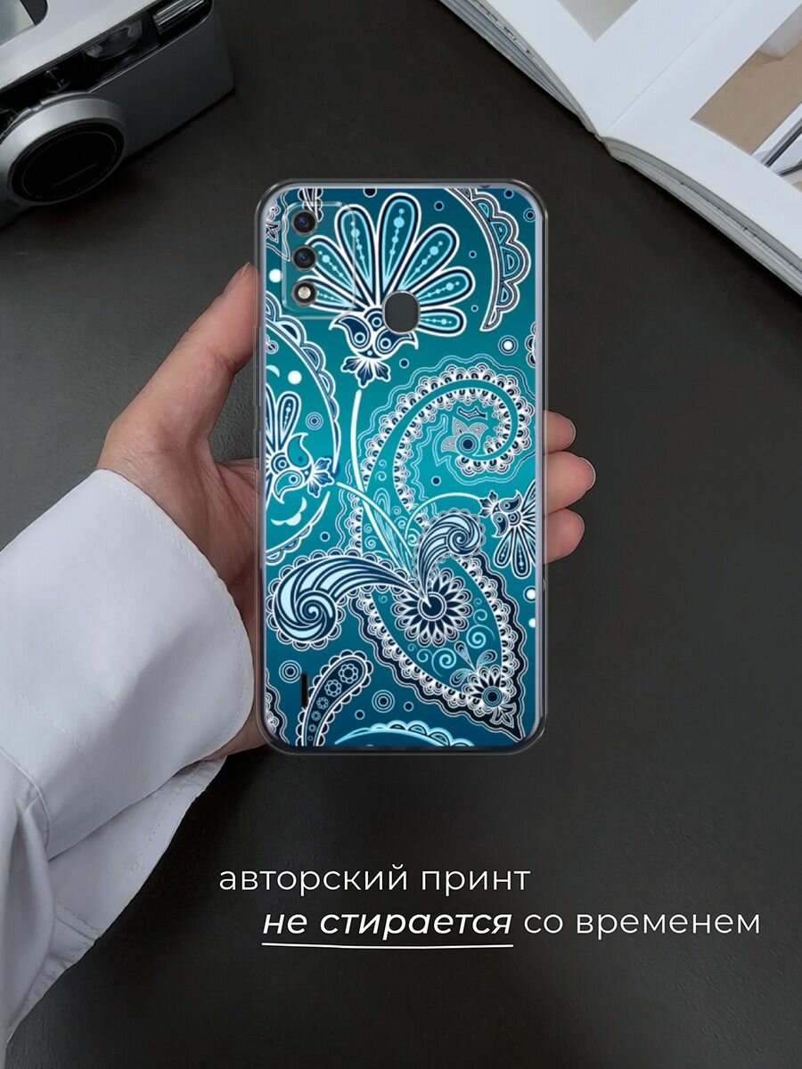 Силиконовый чехол на Itel A48 / Ител А48 с принтом "Узоры на синем" — фото 1