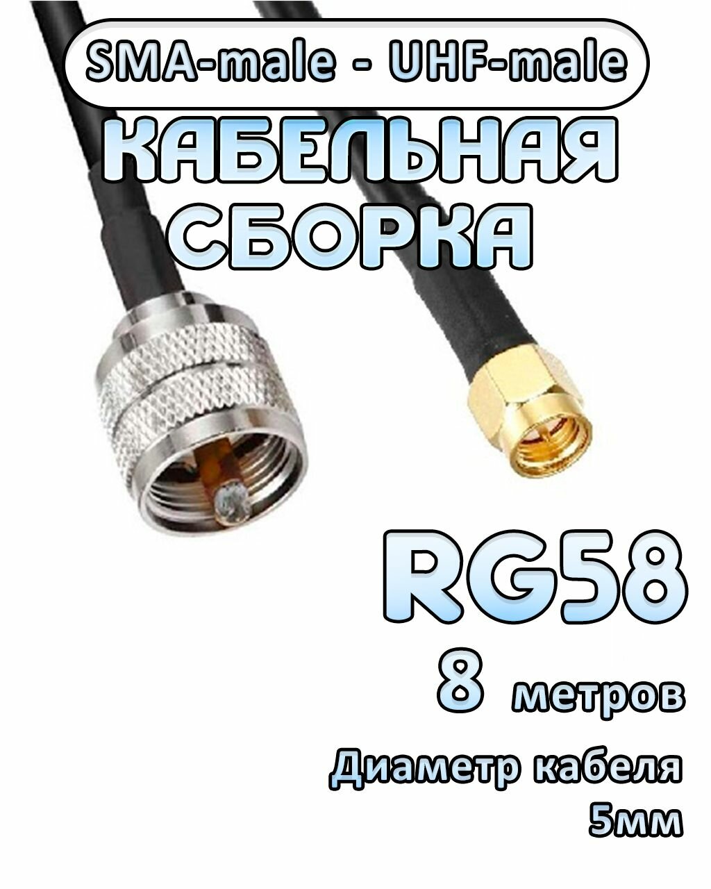 Кабельная сборка 50 Ом на RG-58 с разъемами UHF-male - SMA-male, 8 метров