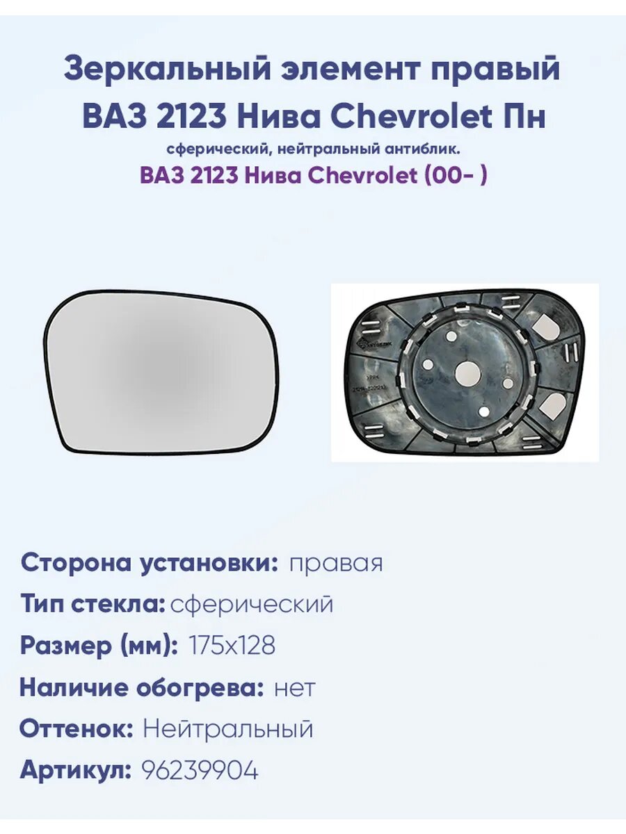 Зеркальный элемент правый ВАЗ 2123 Нива Chevrolet Пн