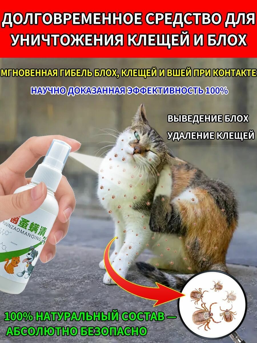 Товары для домашних животных Противогрибковый спрей для ран от зуда, кольчатого червя, лишая, клещей и блох для кожи собак и кошек 1 флакон по 100 мл